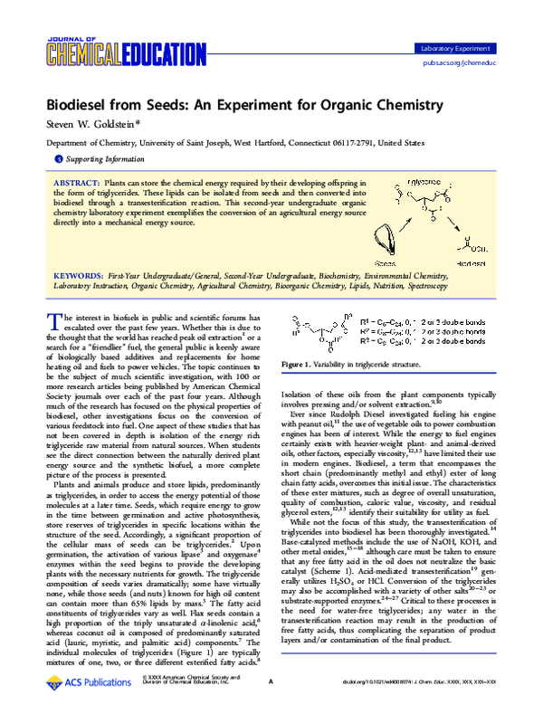 (PDF) Biodiesel from Seeds: An Experiment for Organic Chemistry