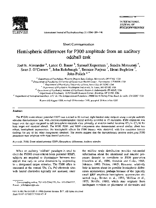 (PDF) Hemispheric differences for P300 amplitude from an auditory oddball task Short Communication