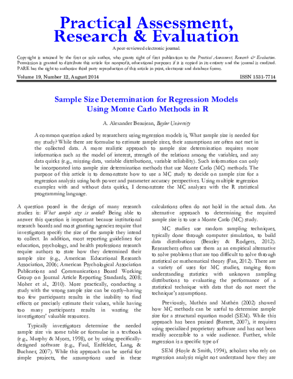 (PDF) Sample size determination for regression models using Monte Carlo ...