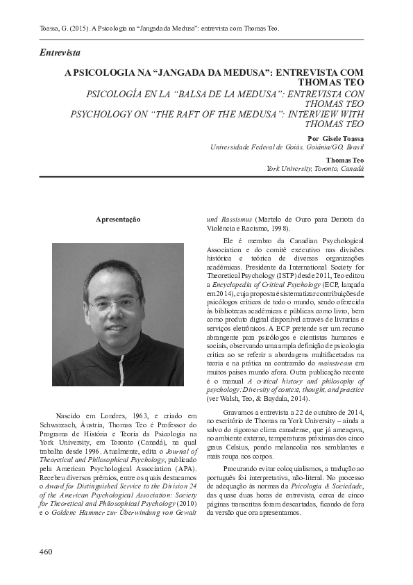 (PDF) A psicologia na “Jangada da Medusa”: entrevista com Thomas Teo