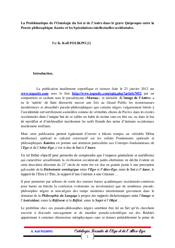 (PDF) La problématique de l'Ontologie du Soi et de l'Autre dans le ...