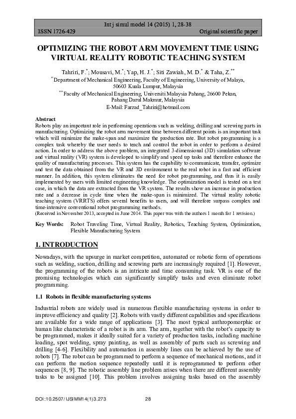 (PDF) Optimizing the Robot Arm Movement Time Using Virtual Reality ...
