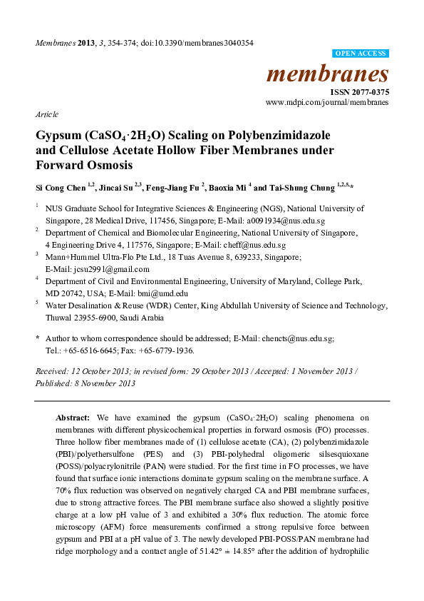 (PDF) membranes Gypsum (CaSO 4 ·2H 2 O) Scaling on Polybenzimidazole ...