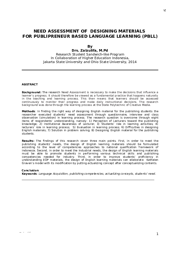 NEED ASSESSMENT OF LANGUAGE ACQUISITION IN DESIGNING MATERIALS FOR PUBLIPRENEUR BASED LANGUAGE ...
