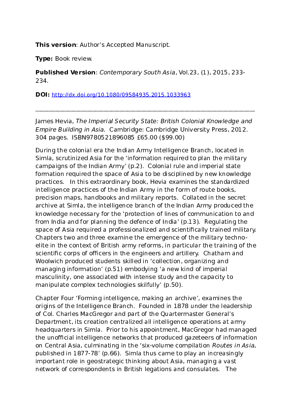 (DOC) Book review: James Hevia, The Imperial Security State: British ...