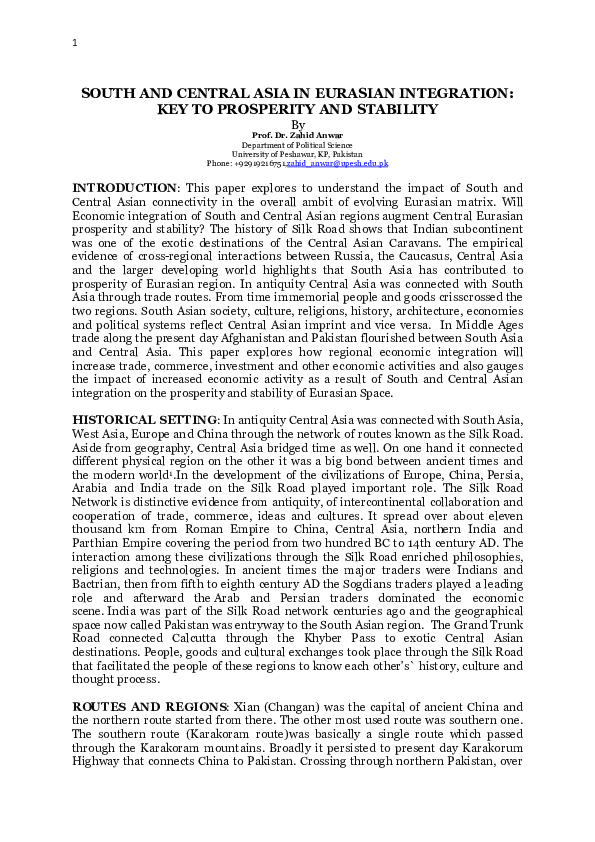 (PDF) SOUTH AND CENTRAL ASIA IN EURASIAN INTEGRATION: KEY TO PROSPERITY ...
