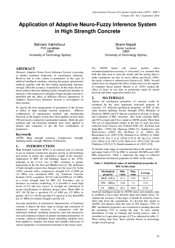 (PDF) Application of Adaptive Neuro-Fuzzy Inference System in High Strength Concrete