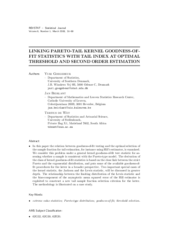 (PDF) LINKING PARETO-TAIL KERNEL GOODNESS-OF- FIT STATISTICS WITH TAIL INDEX AT OPTIMAL ...