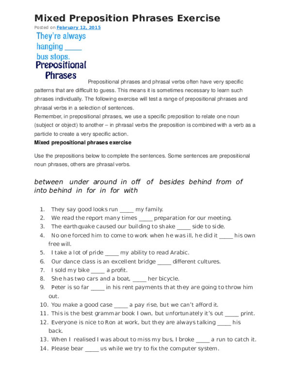 Mixed Preposition Exercises With Answers Preposition