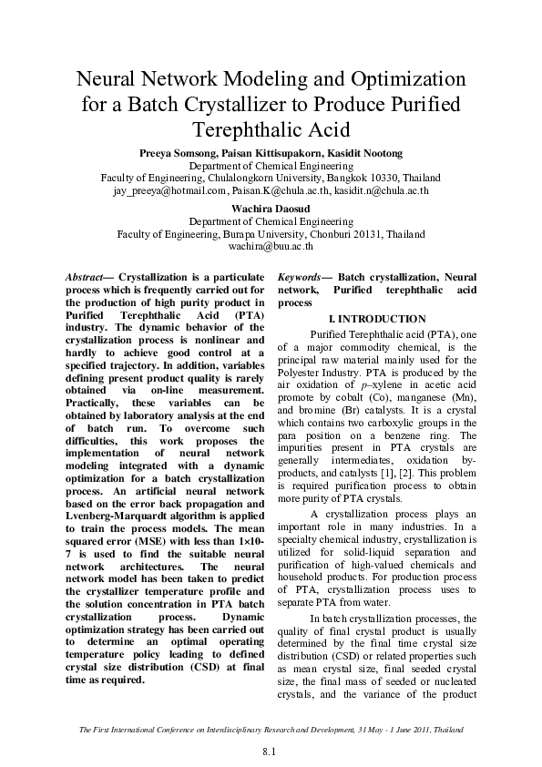 (PDF) Neural Network Modeling and Optimization for a Batch Crystallizer to Produce Purified ...