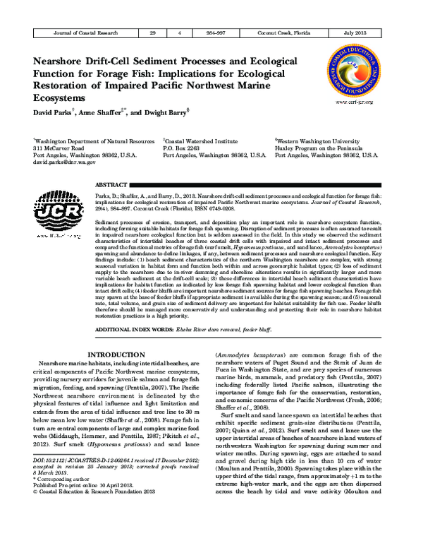 (PDF) Nearshore Drift-Cell Sediment Processes and Ecological Function ...