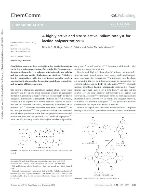 A highly active and site selective indium catalyst for lactide ...