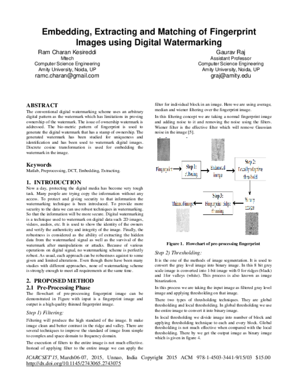 Pdf Embedding Extracting And Matching Of Fingerprint Images Using