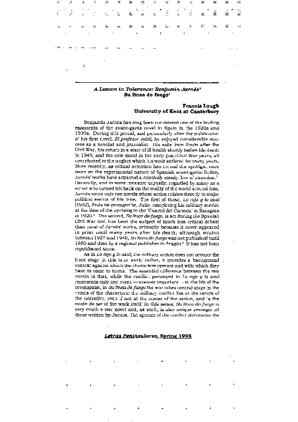 (PDF) A Lesson in Tolerance: Benjamín Jarnés' "Su línea de fuego"