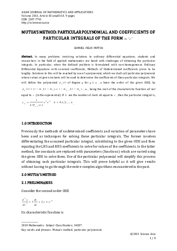 (PDF) MUTUA'S METHOD: PARTICULAR POLYNOMIAL AND COEFFICIENTS OF PARTICULAR INTEGRALS OF THE FORM