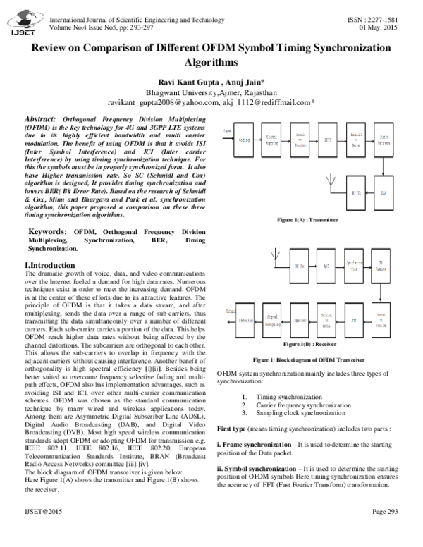 Pdf Review On Comparison Of Different Ofdm Symbol Timing Synchronization Algorithms