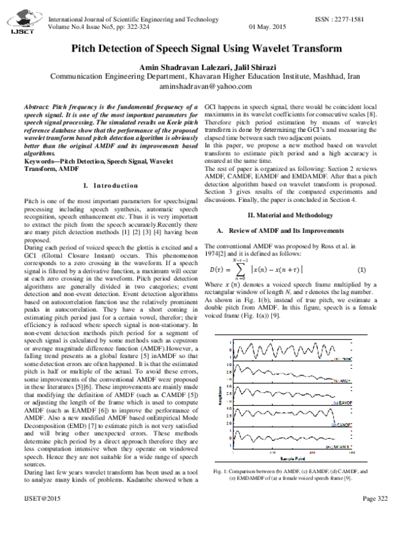 (PDF) Pitch Detection of Speech Signal Using Wavelet Transform