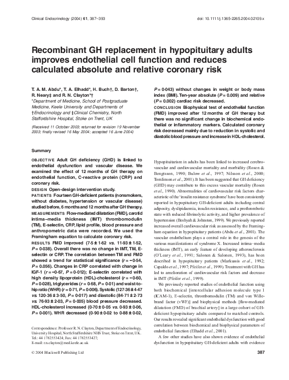 (PDF) Recombinant GH replacement in hypopituitary adults improves ...