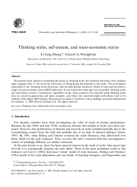 (PDF) Thinking Styles, Self-esteem, and socioeconomic status