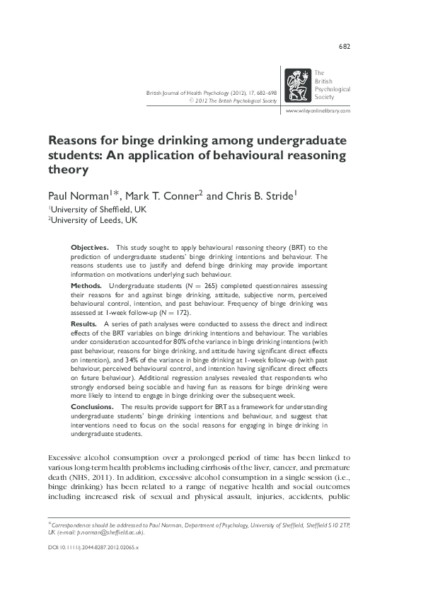 (PDF) Reasons for binge drinking among undergraduate students: An ...