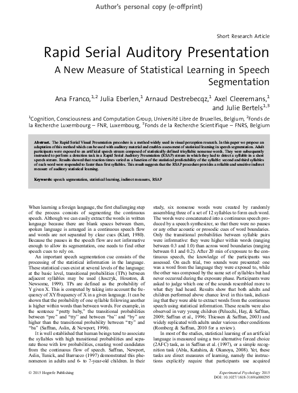 (PDF) Rapid Serial Auditory Presentation : A New Measure of Statistical Learning in Speech ...