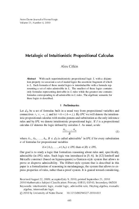 Metalogic Of Intuitionistic Propositional Calculus
