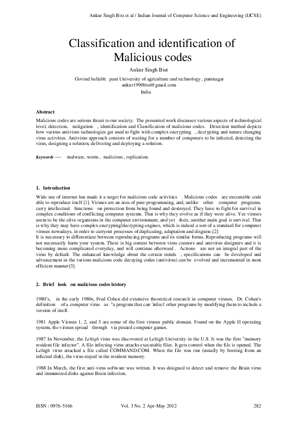 (PDF) Classification and identification of Malicious codes