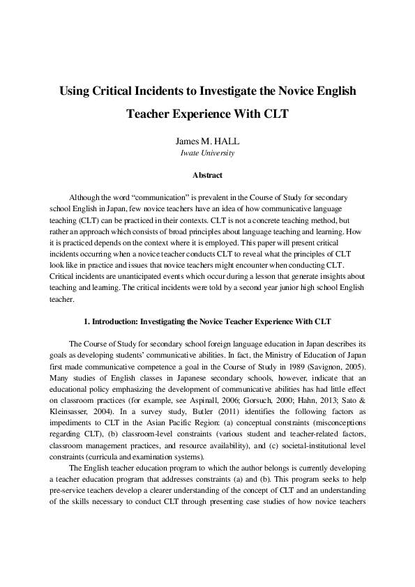 (PDF) Using Critical Incidents to Investigate the Novice English Teacher Experience With CLT
