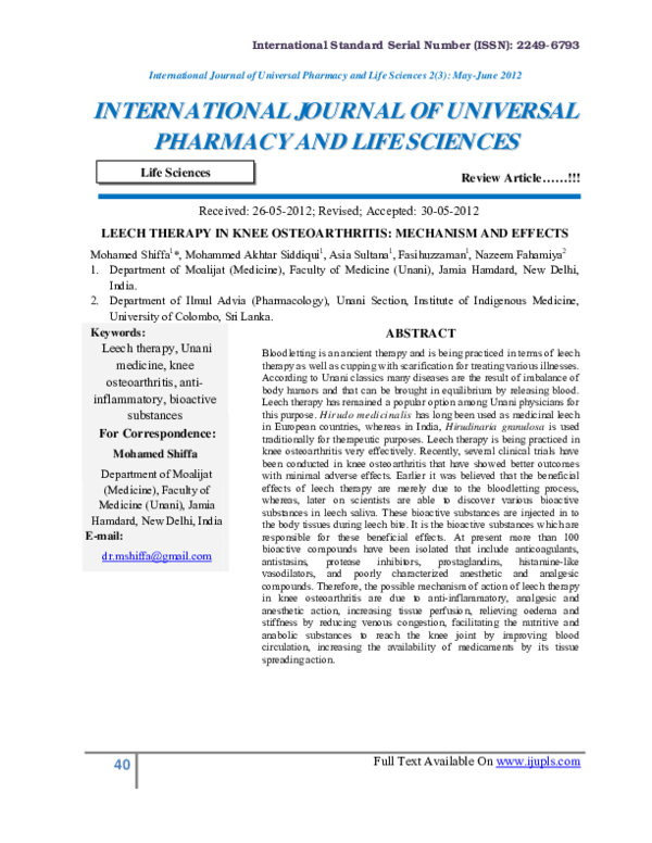 (PDF) LEECH THERAPY IN KNEE OSTEOARTHRITIS: MECHANISM AND EFFECTS