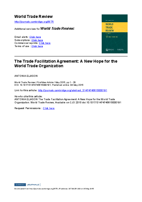 (PDF) The Trade Facilitation Agreement: A New Hope for the World Trade ...
