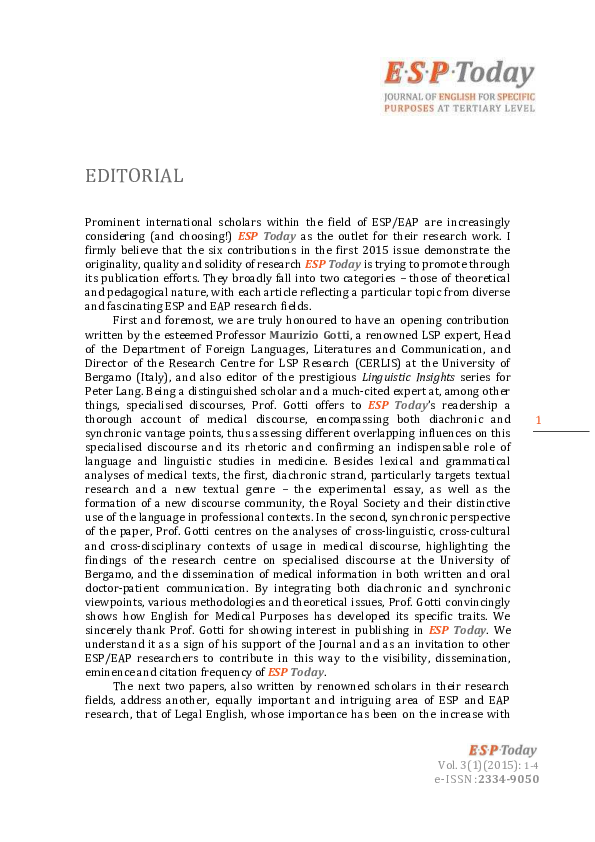 (PDF) Editorial. ESP Today. Journal of English for Specific Purposes at ...