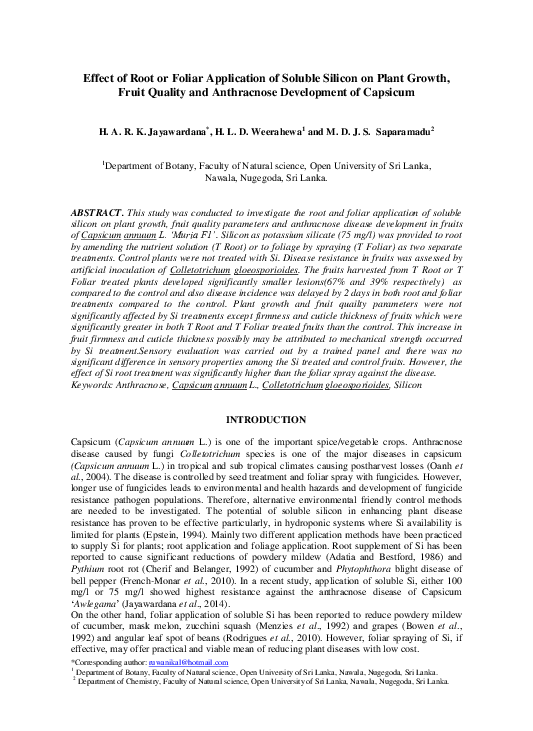 Pdf Effect Of Root Or Foliar Application Of Soluble Silicon On Plant
