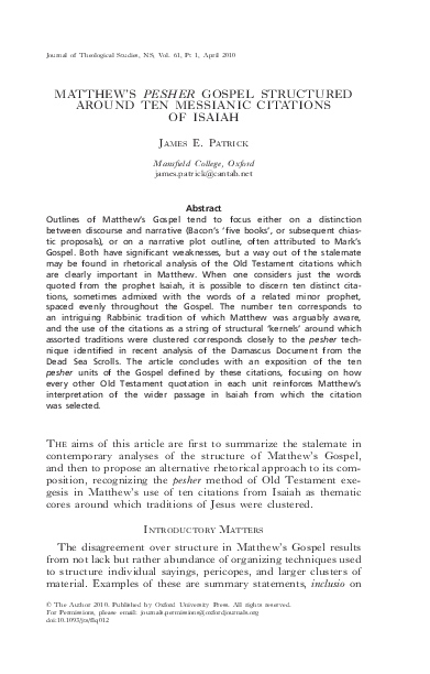 (PDF) Matthew's Pesher Gospel Structured Around Ten Messianic Citations ...