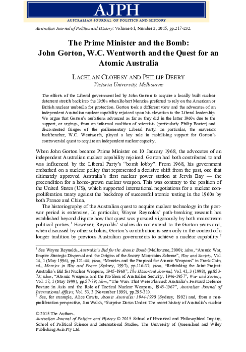 (PDF) The Prime Minister and the Bomb: John Gorton, W.C. Wentworth and ...