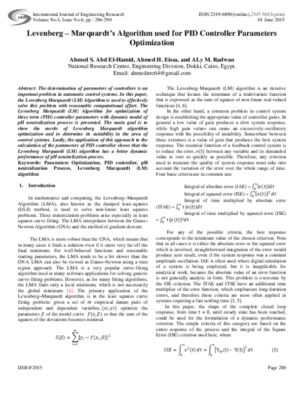 Pdf Levenberg Marquardts Algorithm Used For Pid Controller Parameters Optimization 7605