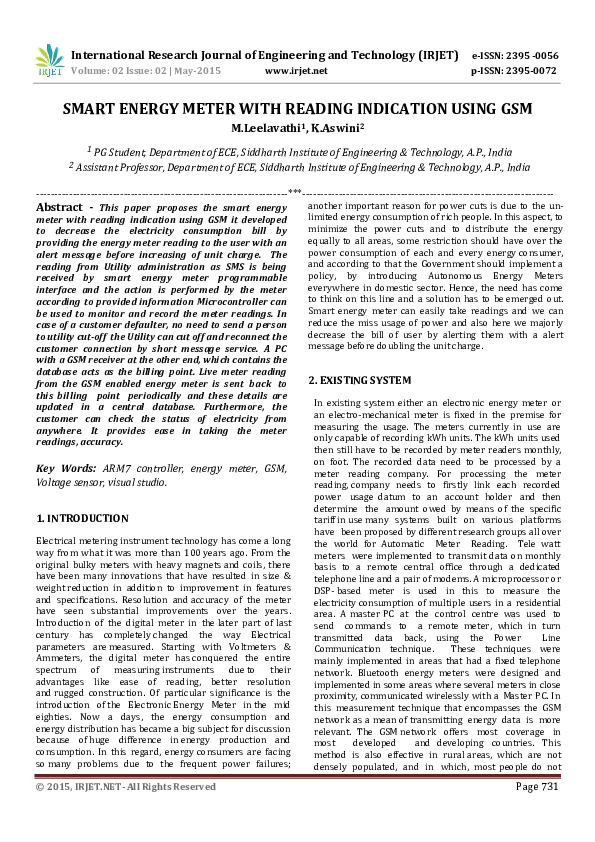 (PDF) IRJET-SMART ENERGY METER WITH READING INDICATION USING GSM