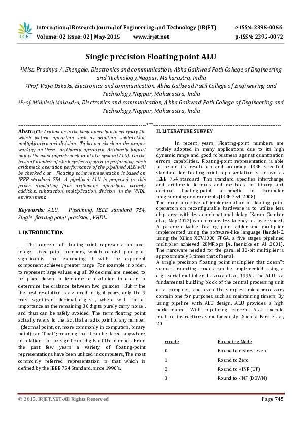 (PDF) IRJET-Single precision Floating point ALU