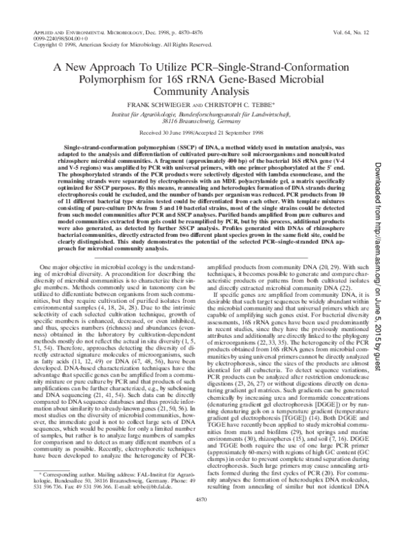 Pdf A New Approach To Utilize Pcr Single Strand Conformation Polymorphism For 16s Rrna Gene