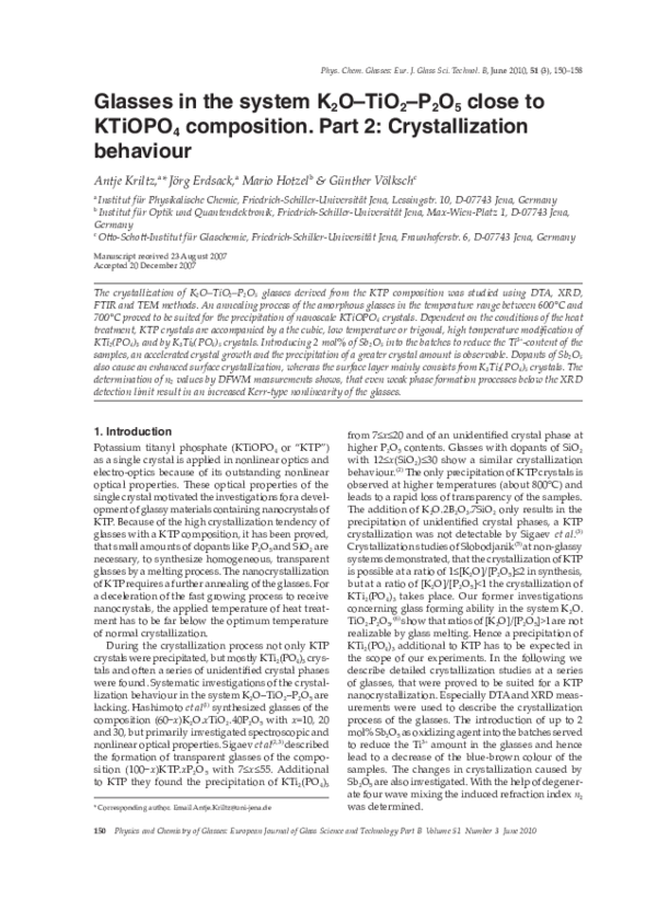 (PDF) Glasses in the system K2O–TiO2–P2O5 close to KTiOPO4 composition. Part 2: Crystallization ...