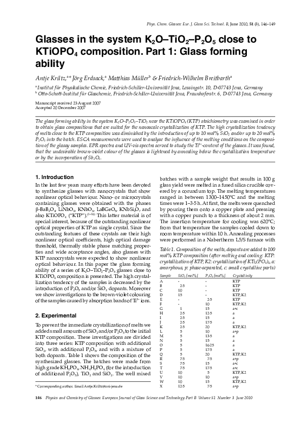 (PDF) Glasses in the system K2O–TiO2–P2O5 close to KTiOPO4 composition. Part 1: Glass forming ...