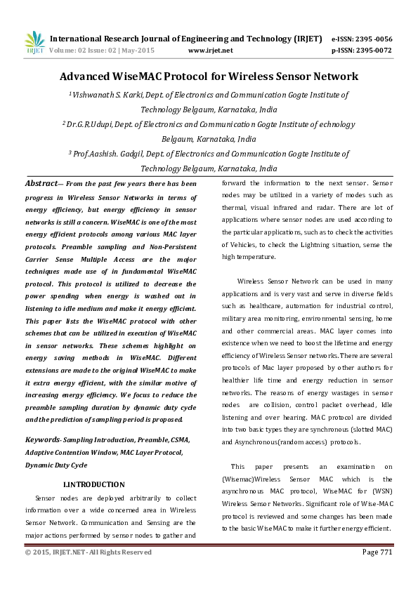 (PDF) IRJET-Advanced WiseMAC Protocol for Wireless Sensor Network