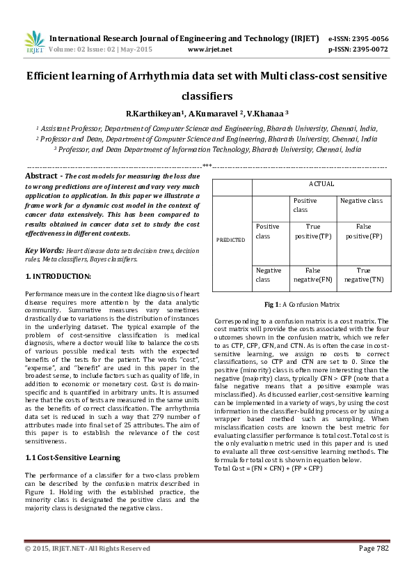 (PDF) IRJET-Efficient learning of Arrhythmia data set with Multi class-cost sensitive classifiers