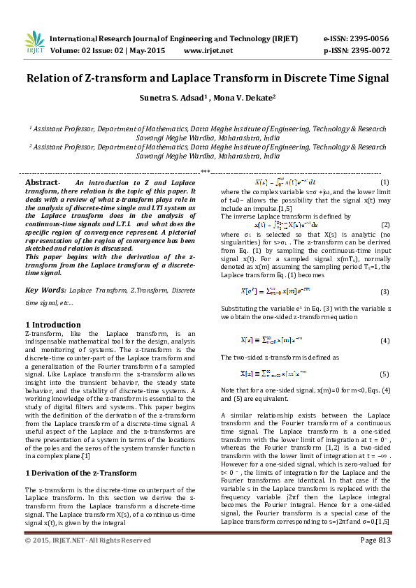 (PDF) IRJET-Relation of Z-transform and Laplace Transform in Discrete Time Signal