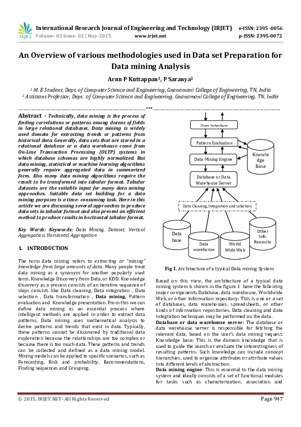 (PDF) IRJET-An Overview of various methodologies used in Data set Preparation for Data mining ...