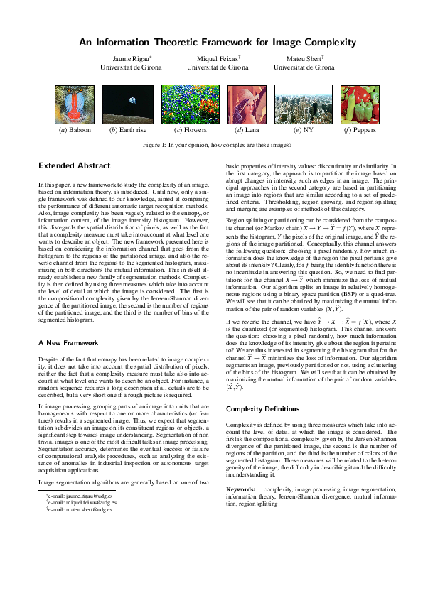 Pdf An Information Theoretic Framework For Image Complexity