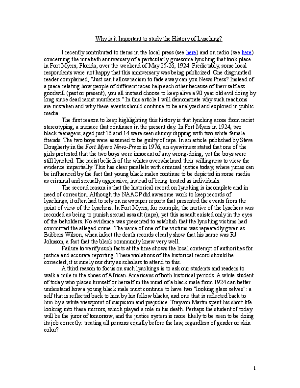 (DOC) Why is it Important to study the History of Lynching?