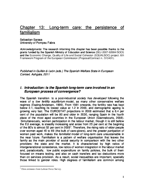 (PDF) Long-term care: The persistence of familialism