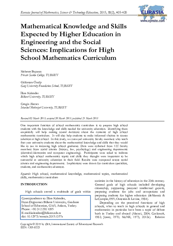 (PDF) Mathematical Knowledge and Skills Expected by Higher Education in ...
