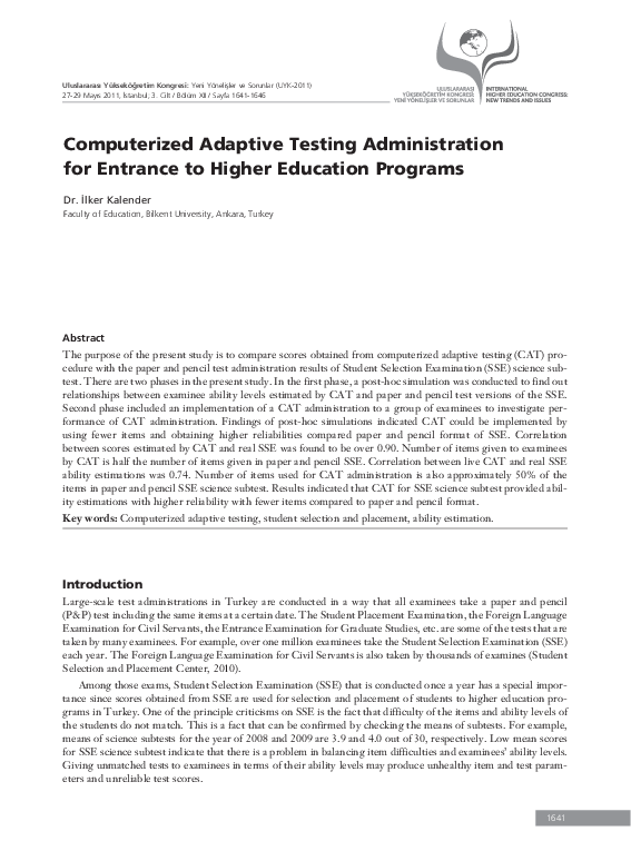 Pdf Computerized Adaptive Testing Administration For Entrance To