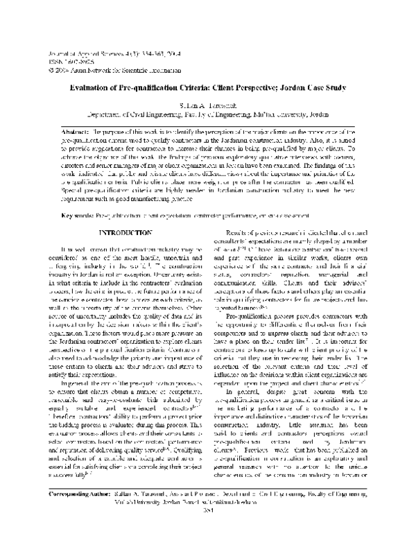 (PDF) Evaluation of Prequalification Criteria: Client Perspective; Jordan Case Study